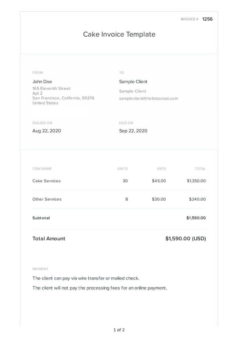 Free Cake Invoice Template Bonsai